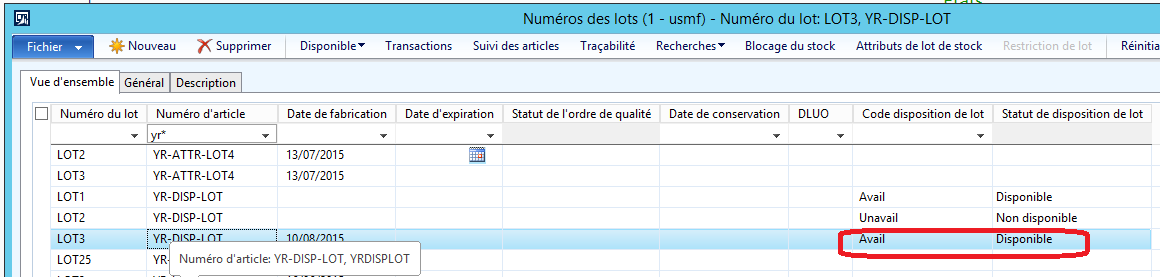Les codes disposition de lot