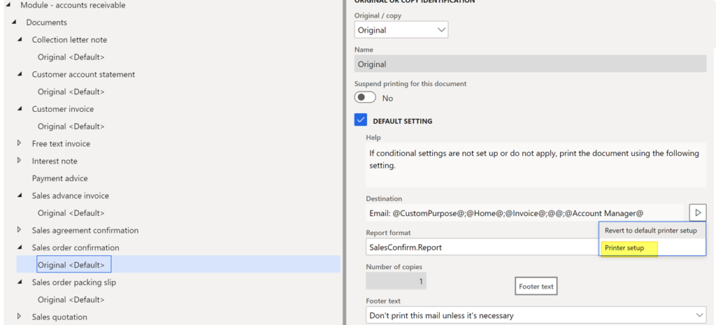Document print management and email option - D365Tour